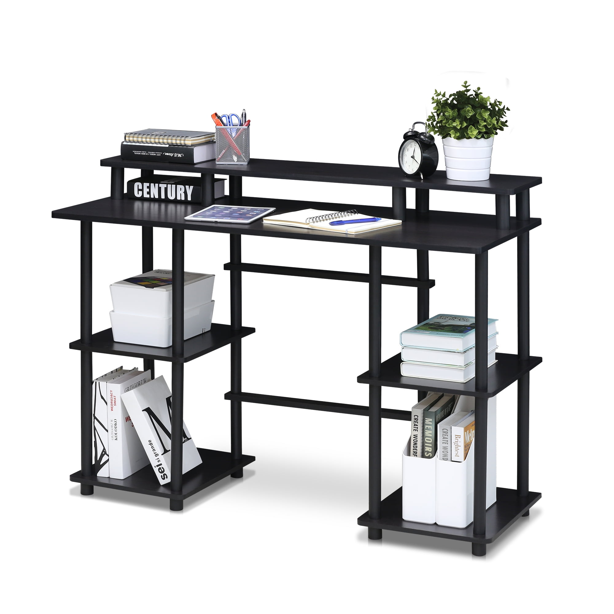 Furinno Turn-N-Tube Espresso/Black Computer Desk with Top Shelf, Work ...
