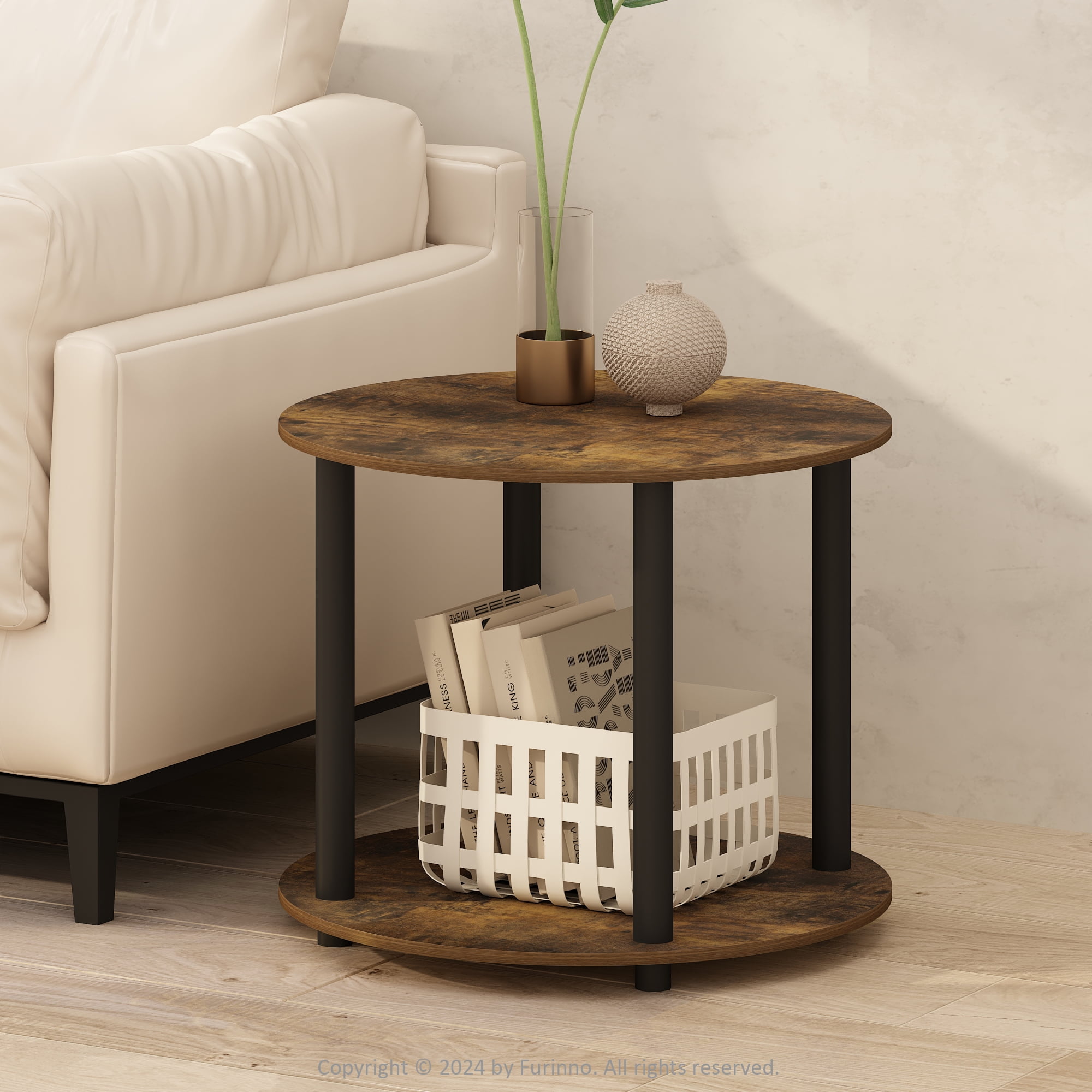 Furinno Turn N Tube Simple Design 2 Tier Round Wooden Side End Table Amber Pine