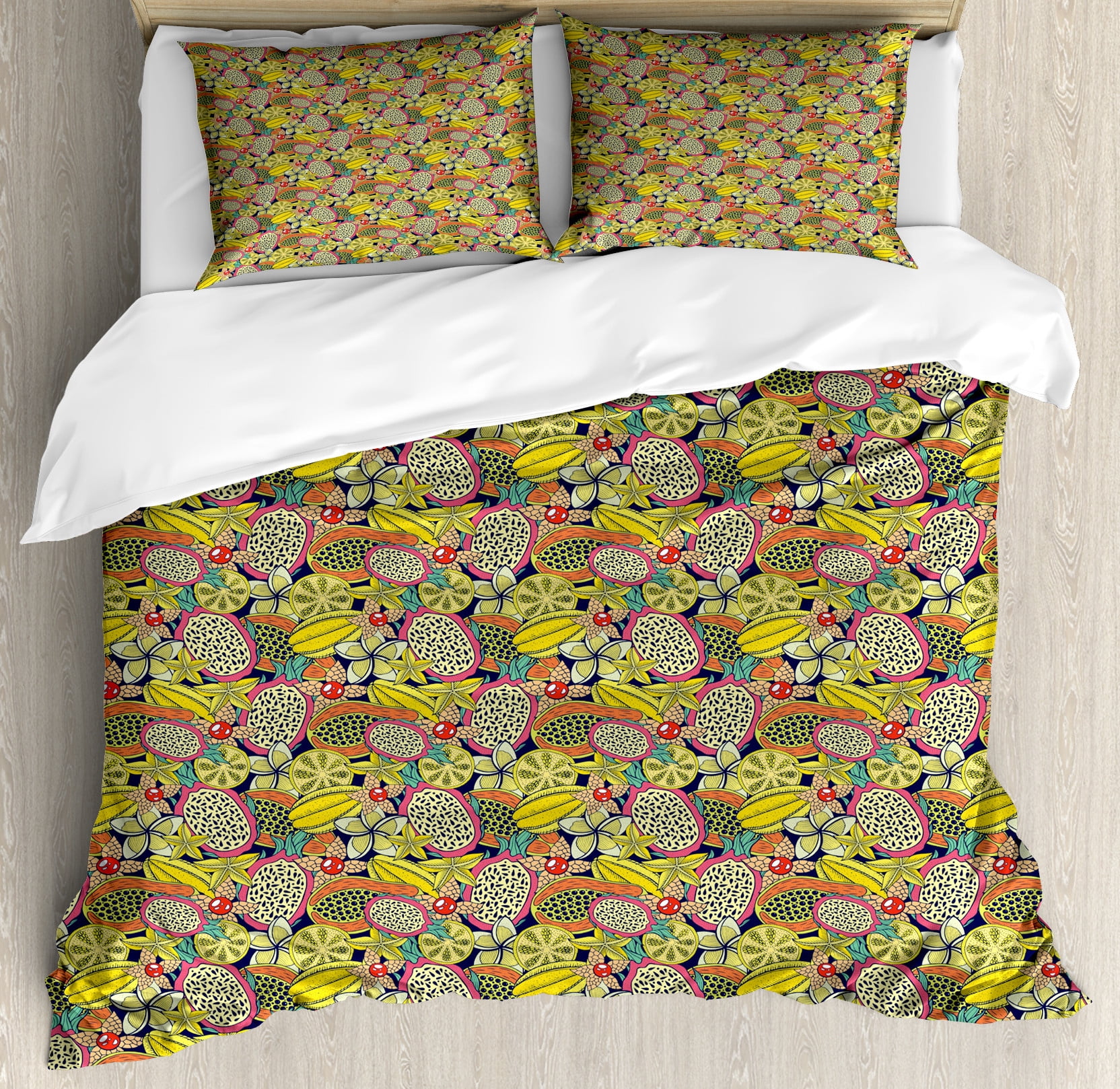 Furits Duvet Cover Set, Tropical Exotic Plants Doodle Style in Vibrant ...