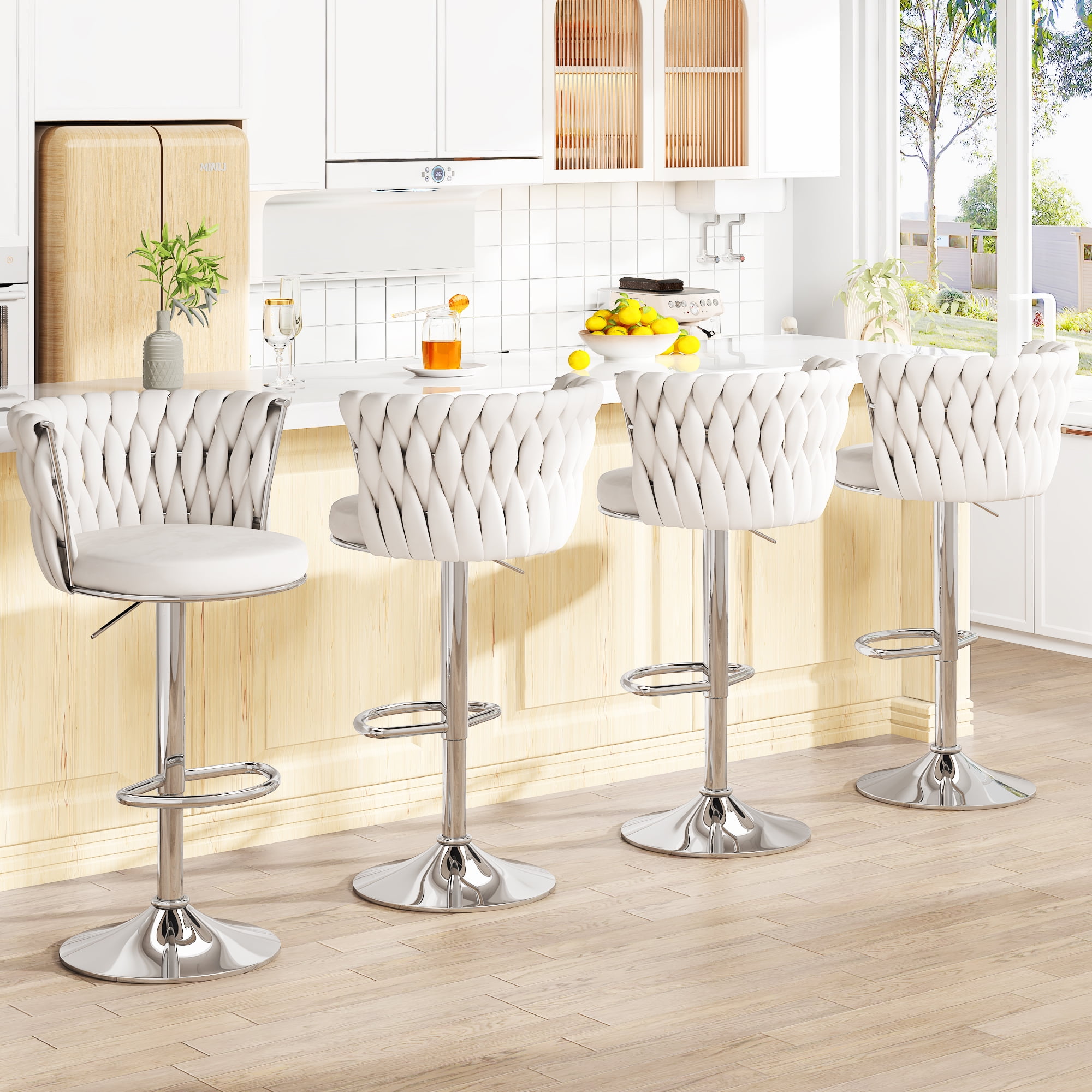 Furlinkhm Beige Bar Stools Set of 4,Modern Swivel Bar Chairs Velvet ...