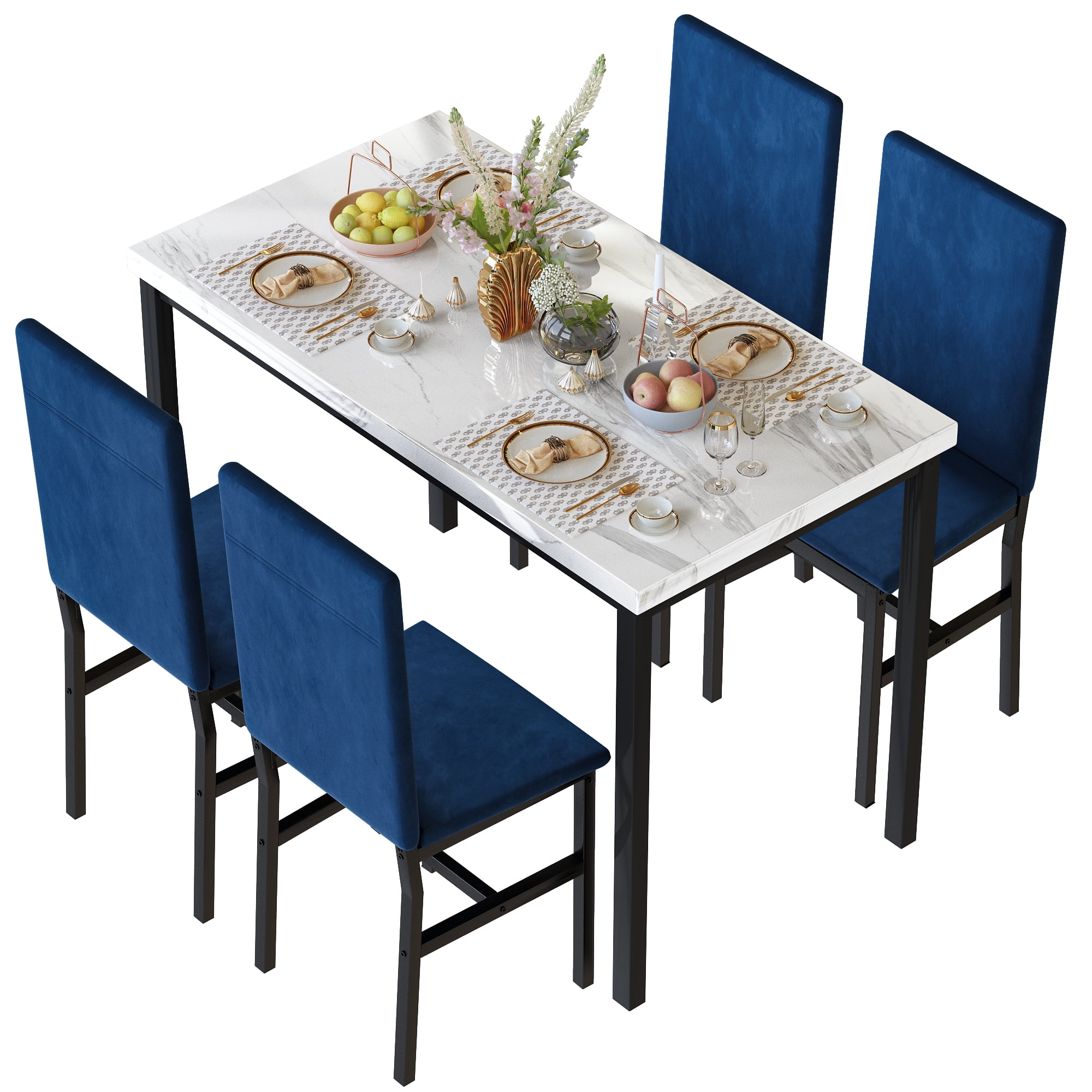 Furlinkhm Dining Table Set for 4 with Faux Marble Top and Velvet ...