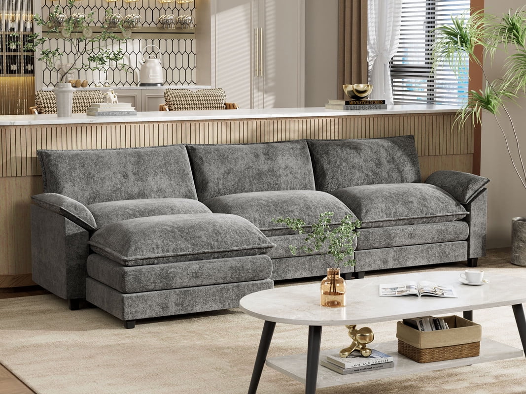 Furmax 3-Seat L-Shaped Sectional Sofa with Movable Ottoman, Convertible ...