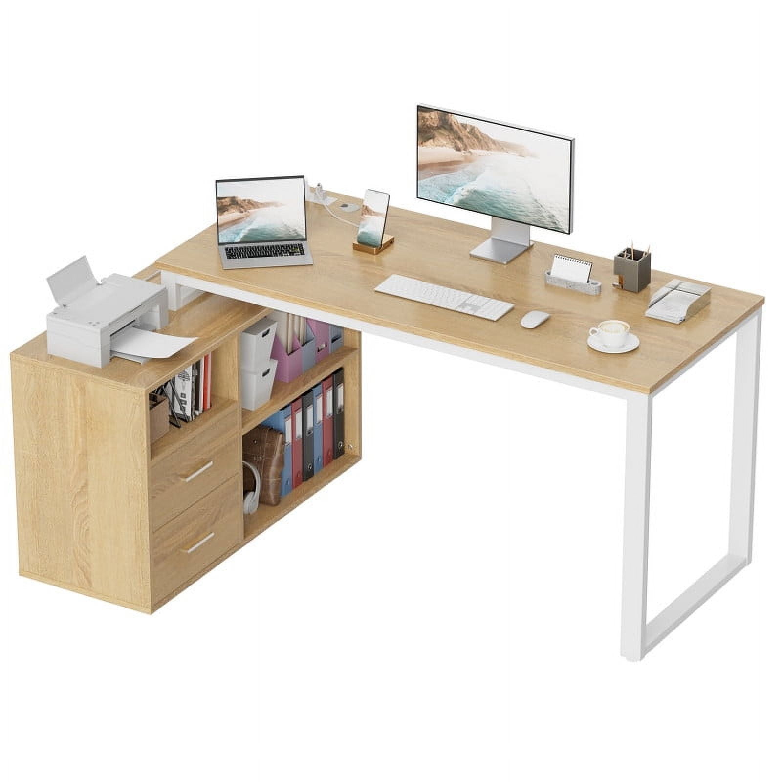 Furmax 55 Inch Modern Wooden L-Shaped Desk with File Cabinet, Power ...