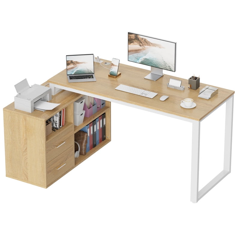 Furmax 55 Inch Modern Wooden L-Shaped Desk with File Cabinet, Power ...
