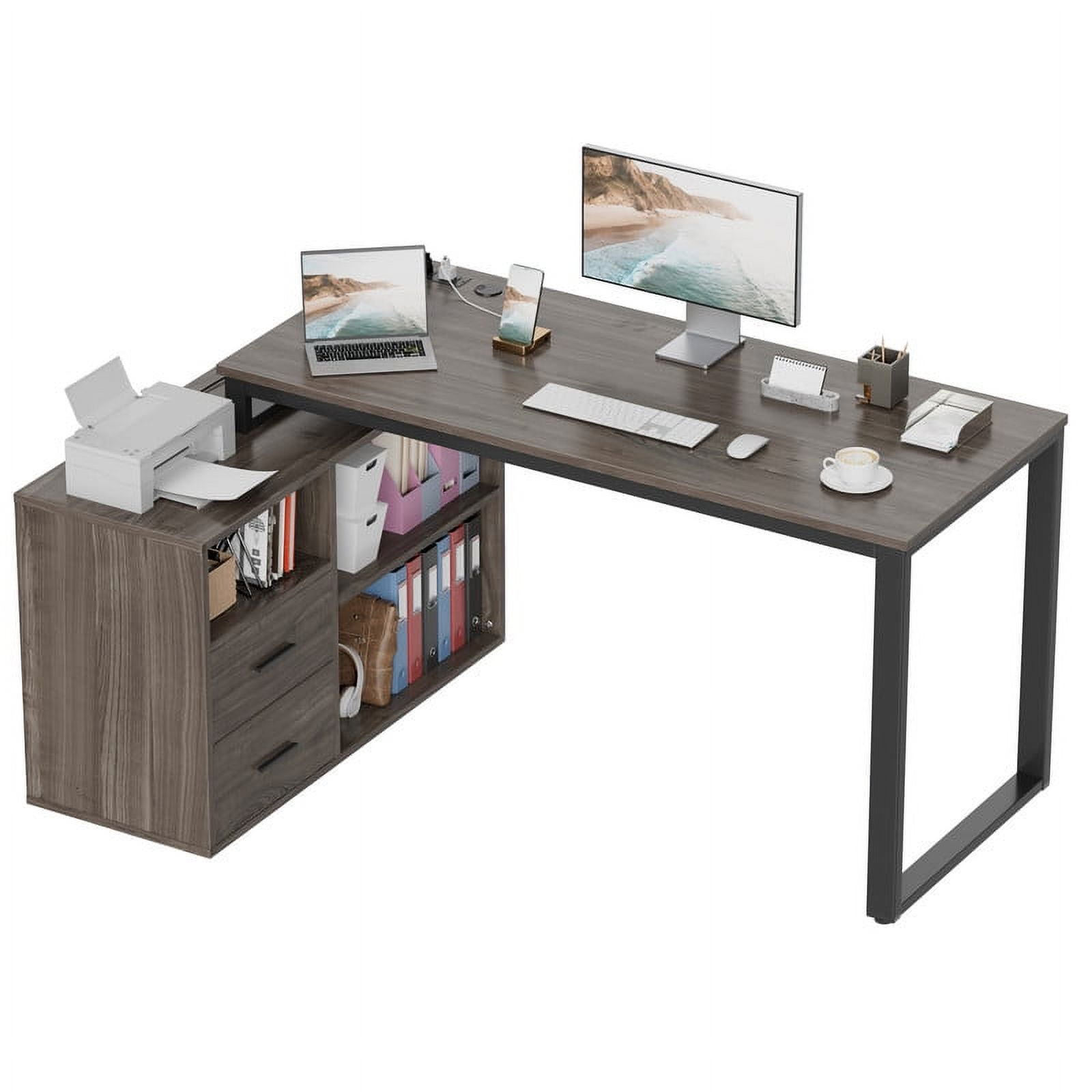 Furmax 55 Inch L-Shaped Corner Desk with File Cabinet, Power Outlet, 2 ...