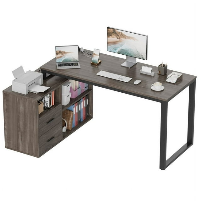 Furmax 55 Inch L-Shaped Corner Desk with File Cabinet, Power Outlet, 2 ...