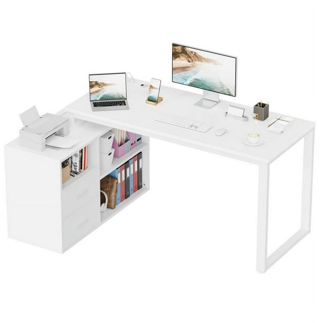 Furmax 55'' White, Wooden L-Shaped Office Desk with File Cabinet, 2 ...