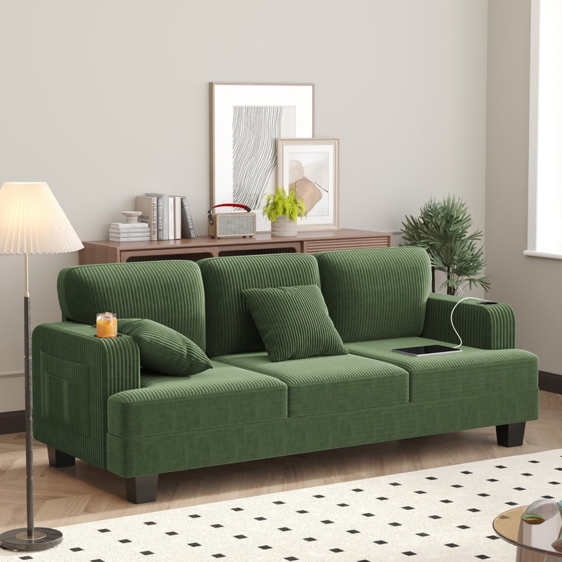 Furmax 84''W 3 Seat Sofa Couch Wide Armrest Modern Fabric Sofa with USB ...