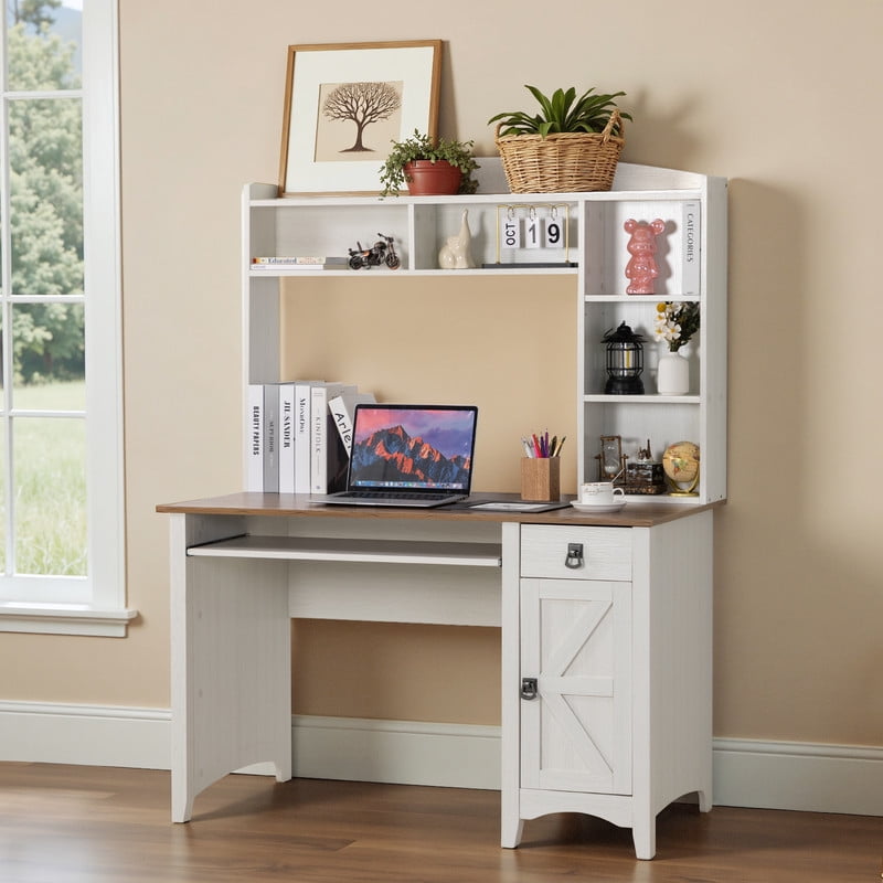 Furmax Computer Desk with Hutch, Bookshelf, Storage, Drawer for Small ...