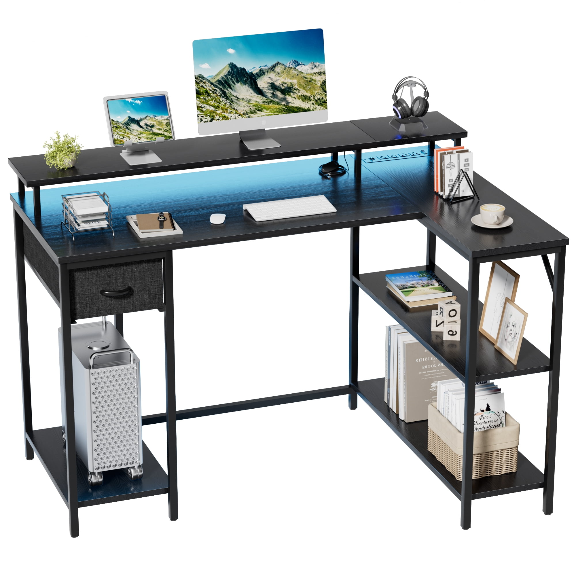 Furmax L-Shape Office Desk with LED Lights, Built-in Socket, Cloth ...