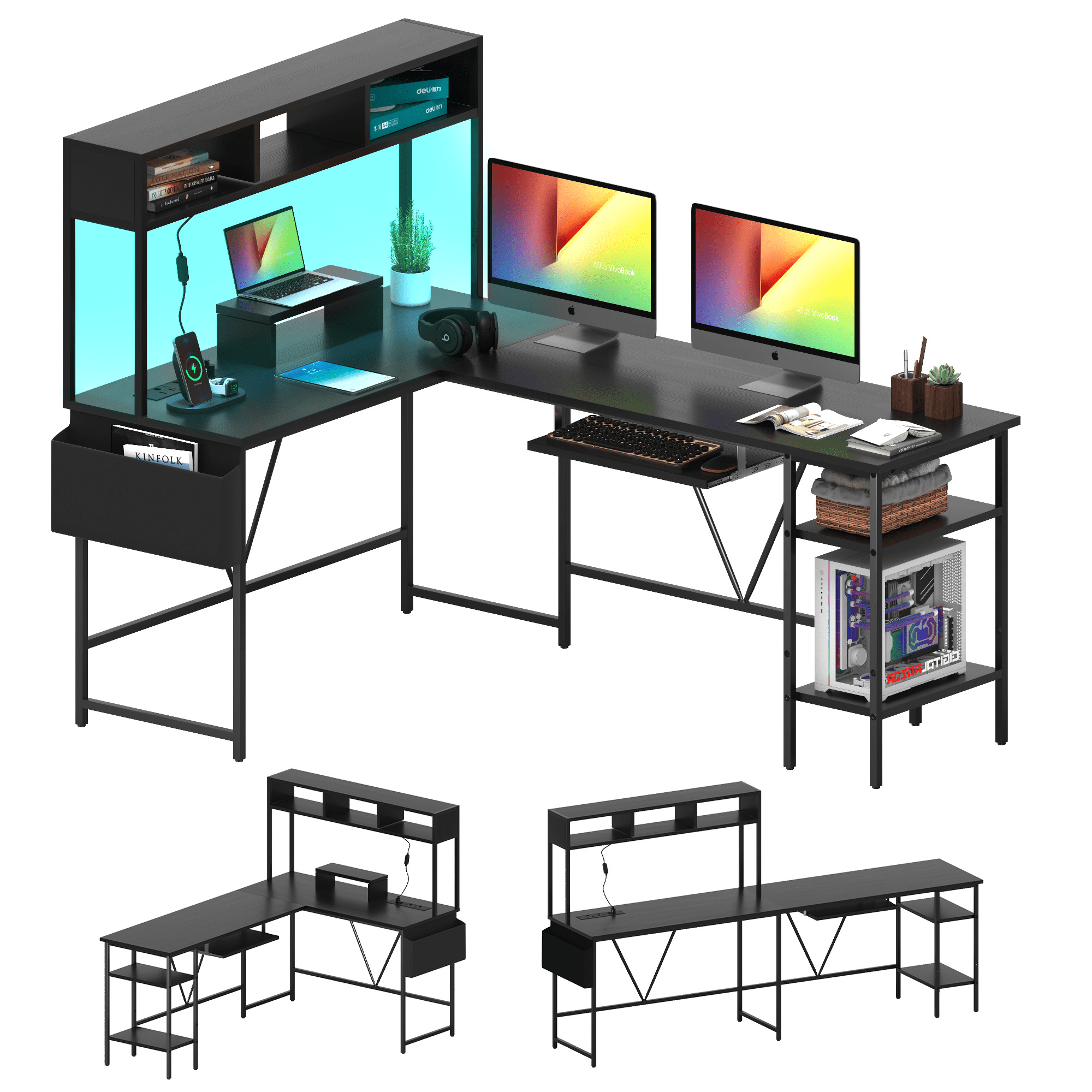 Furmax Adult Collection Modern LED Lights and Storage Rack L Shape Desk Brown