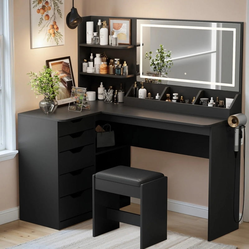 Furmax L Shaped Vanity Desk Set Corner Makeup Vanity Set with ...
