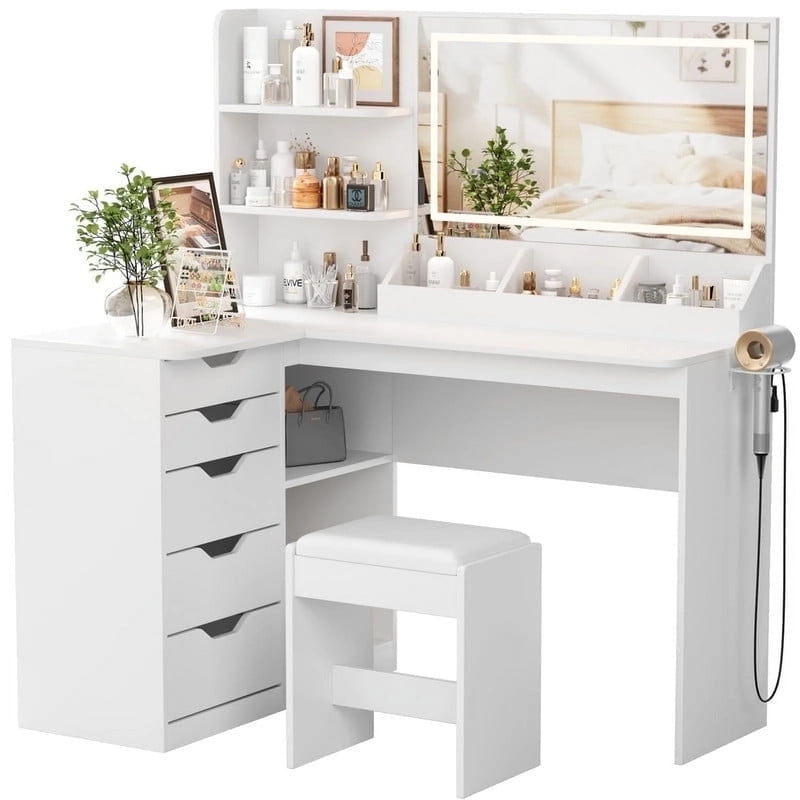 Furmax L Shaped Vanity Desk Set Corner Makeup Vanity Set with ...