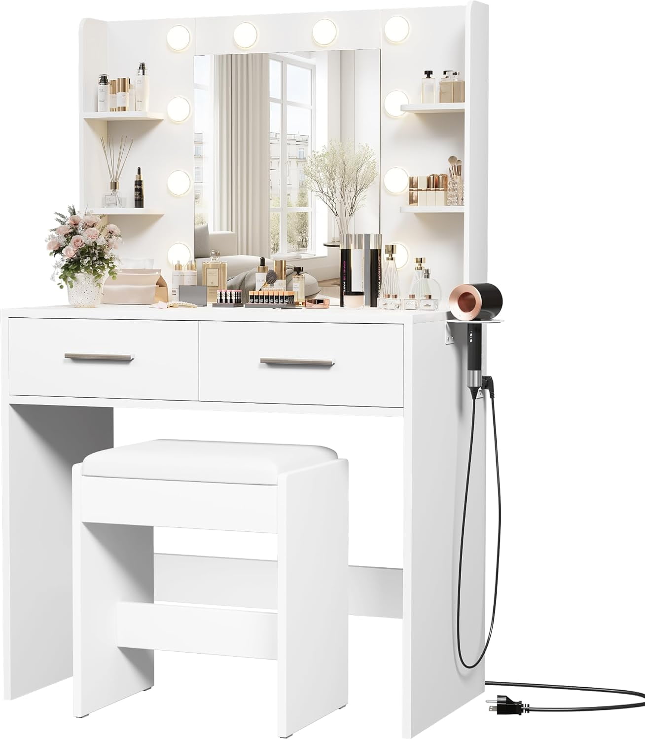 Furmax Make up Vanity Desk with Mirror and Power Outlet, Vanity with 3 ...