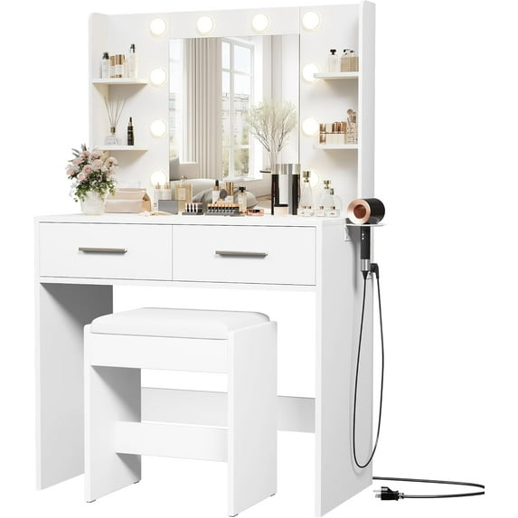 Furmax Make up Vanity Desk with Mirror and Power Outlet, Vanity with 3 ...
