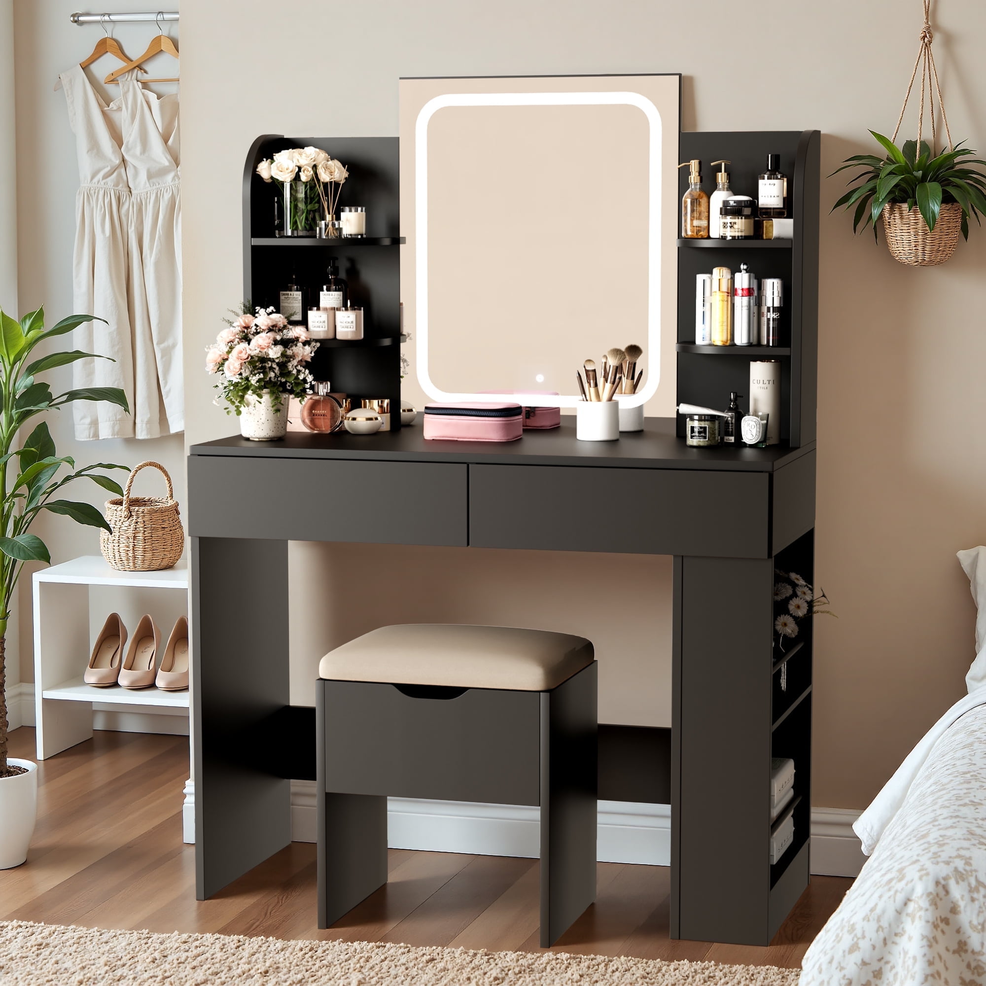 Furmax Makeup Vanity Desk and Bench Set with LED Lighted Mirror Vanity ...