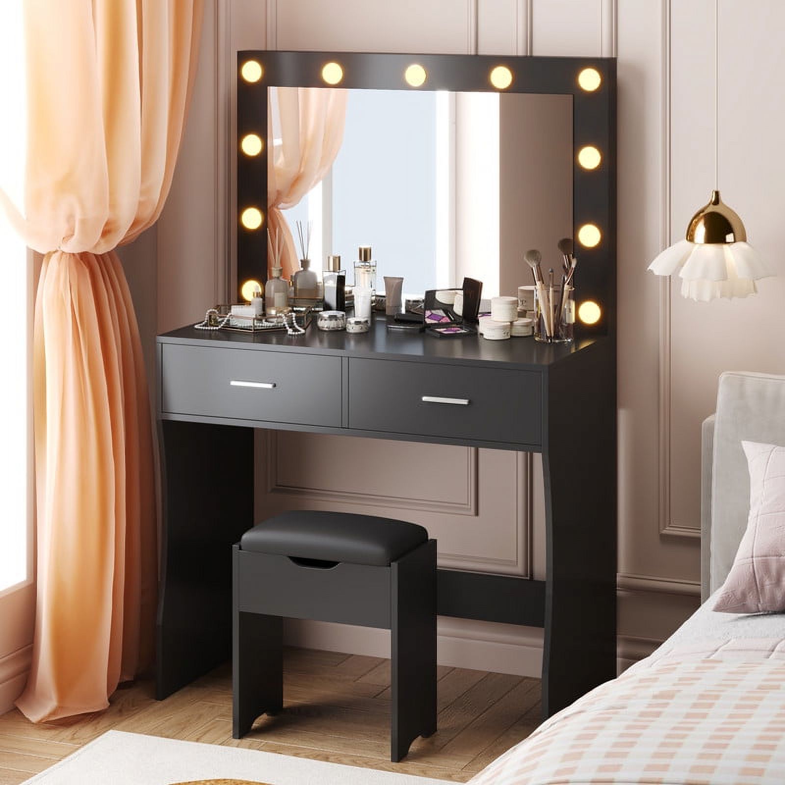 Black Vanity Desk with Mirror and Lights, Makeup Vanity Table with ...