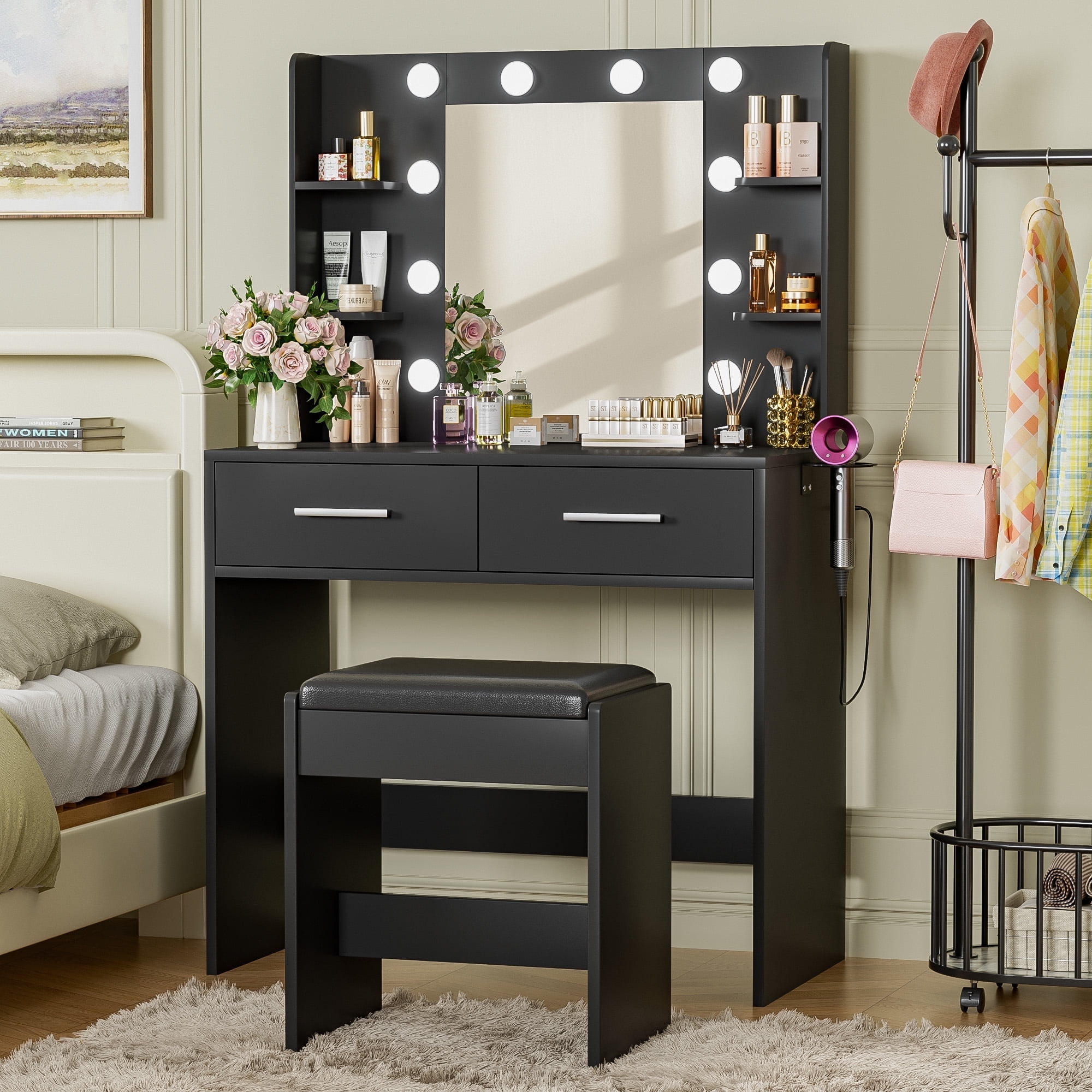 Furmax Makeup Vanity Table and Chair Set with 3 Modes Adjustable Lights ...