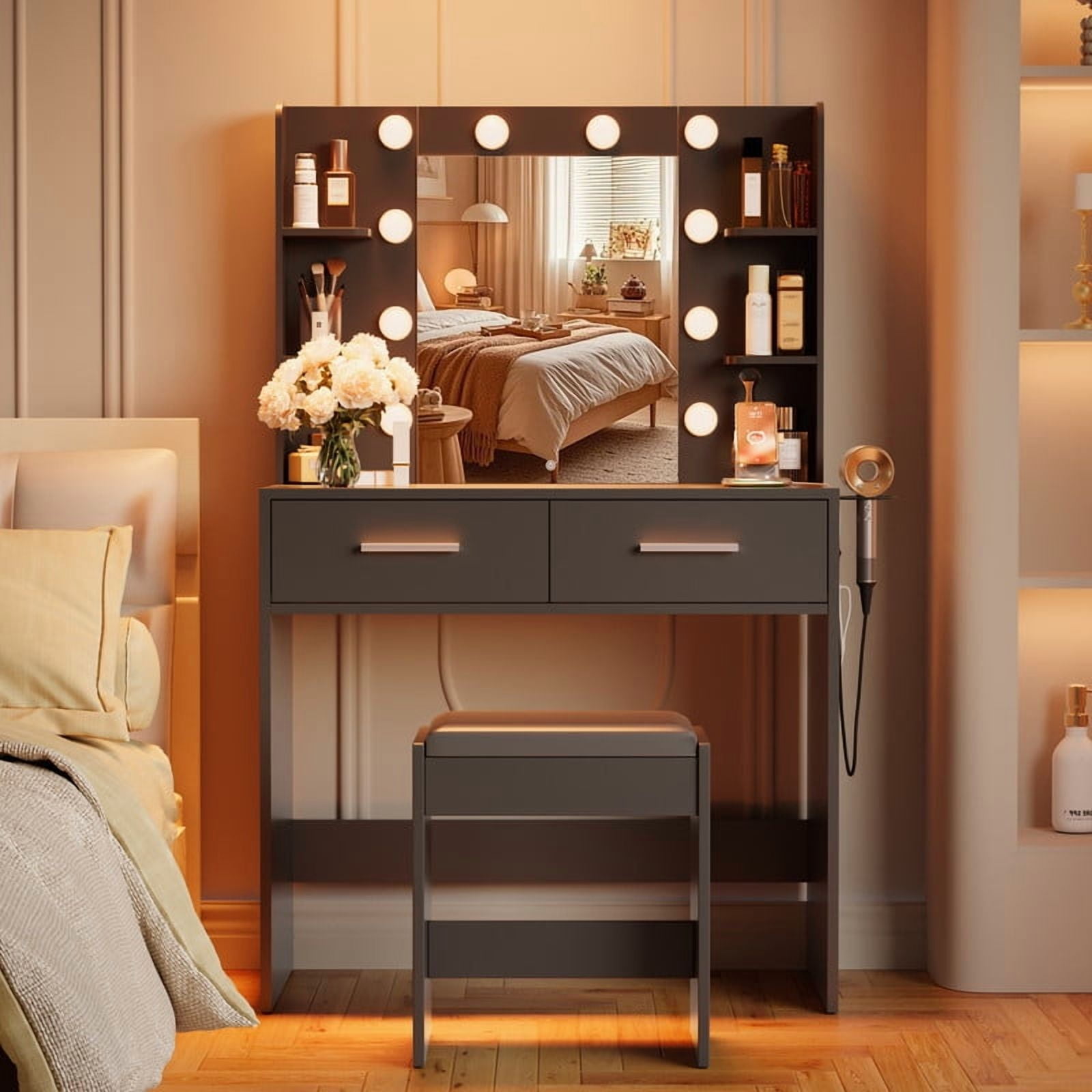 Furmax Makeup Vanity Table and Chair Set with 3 Modes Adjustable Lights ...