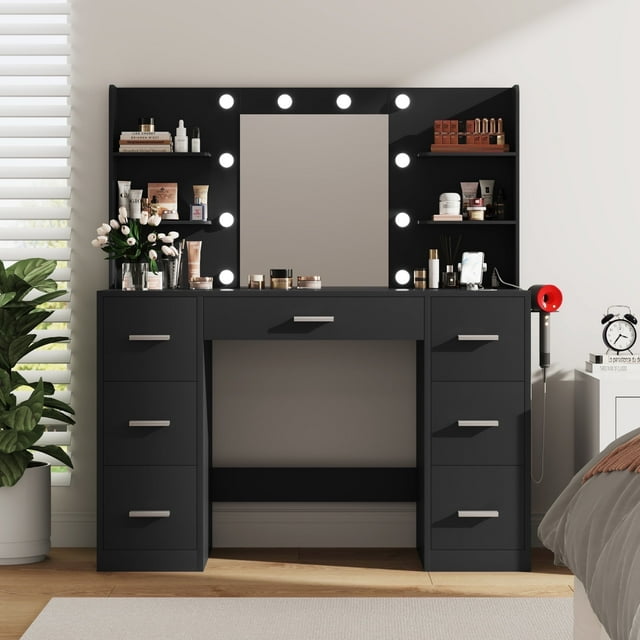 Furmax Bedroom Vanity Desk Set with LED Mirror, Adjustable Brightness ...