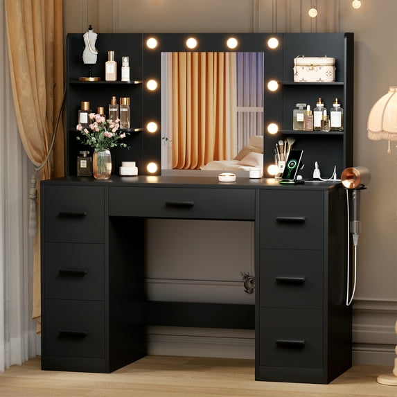 Furmax Vanity Set with Mirror and Chair, 7 Drawers, Built-In Charging ...