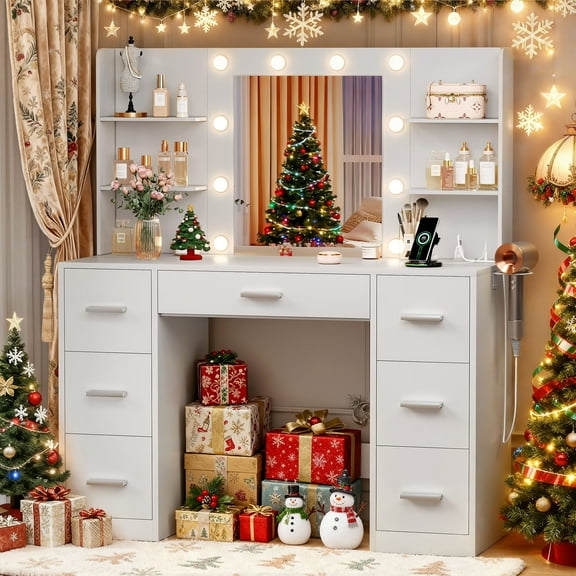 Vanity Desk with Lighted Mirror and Power Outlet, Makeup Table with 11 ...