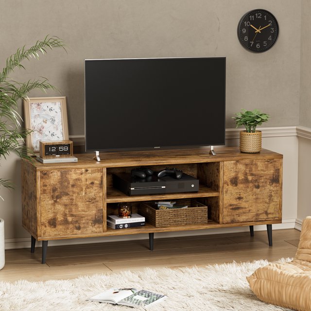 "Furmax Metal Entertainment Center with Mid-Century 2-Door TV Stand for TVs up to 65"", Rustic ...