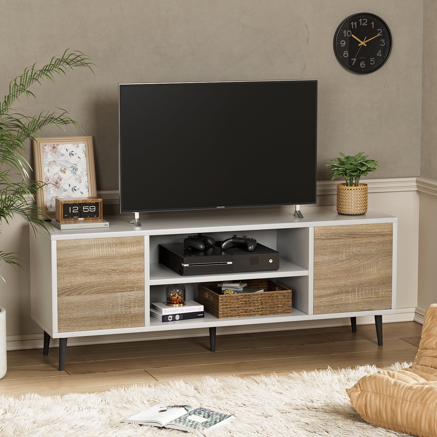 "Furmax Mid-Century TV Stand, 2-Door, for TVs up to 65"", White ...
