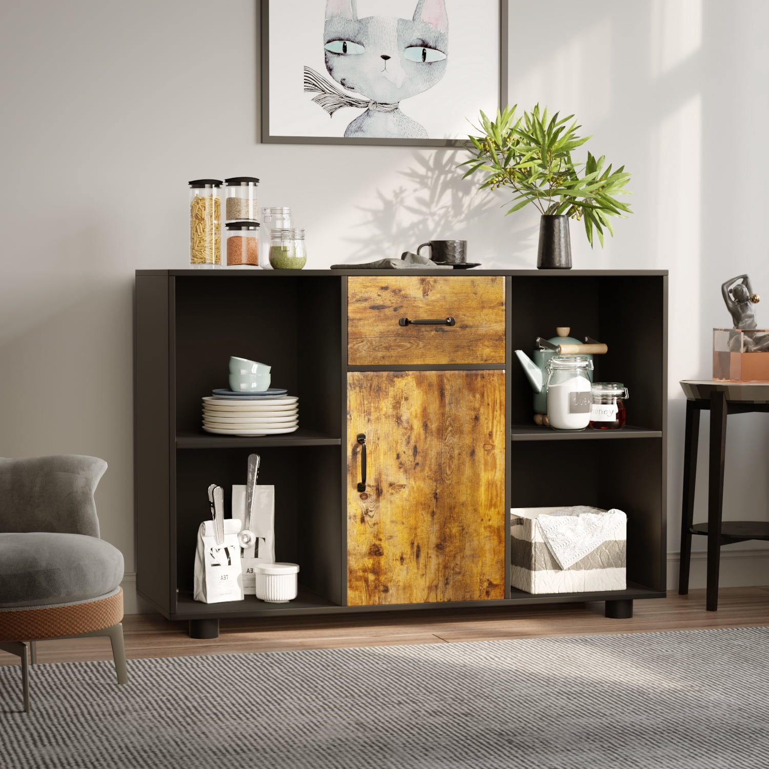 Furmax Mid Century Storage Cabinet with Door, Drawers & Shelf, Accent ...