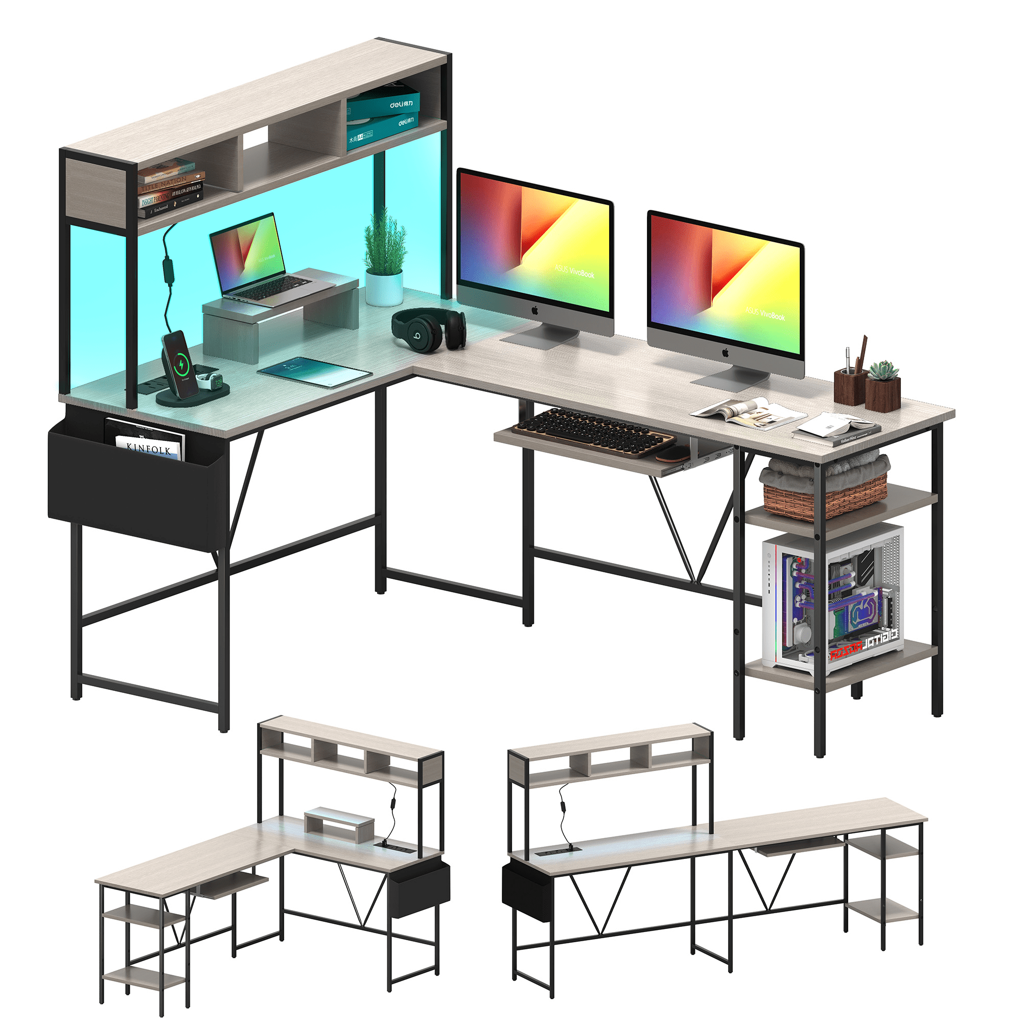 Furmax L-Shape Gamer Desk with RGB LED Lights, Built-in Socket ...