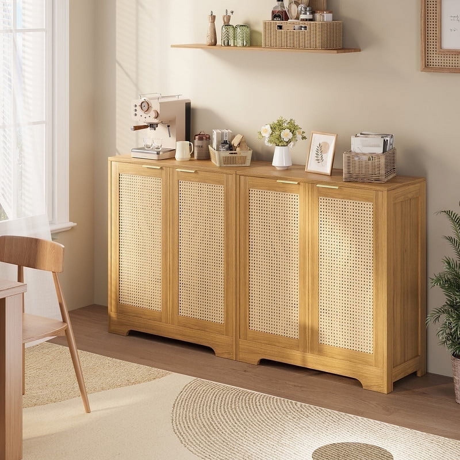 Furmax Set of 2 Rattan Door Buffet Cabinet Sideboard for Kitchen Wood ...