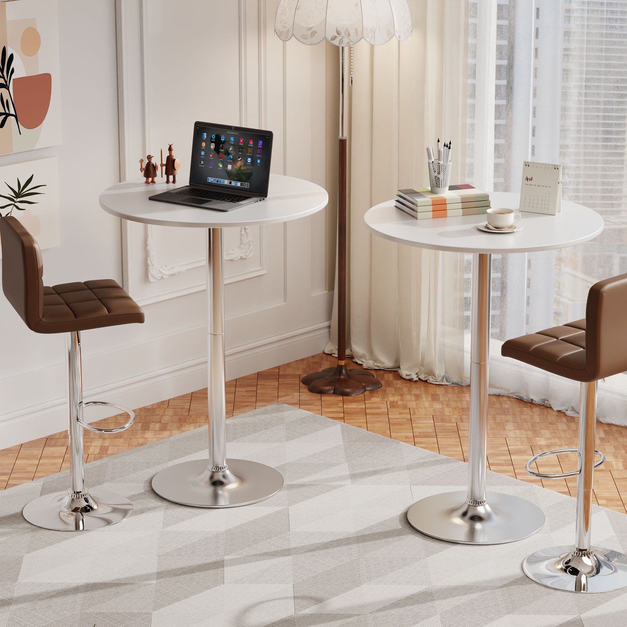 Furmax Set of 2 Round 23.85” Pub Dining Table White & Sliver, Bar Table ...