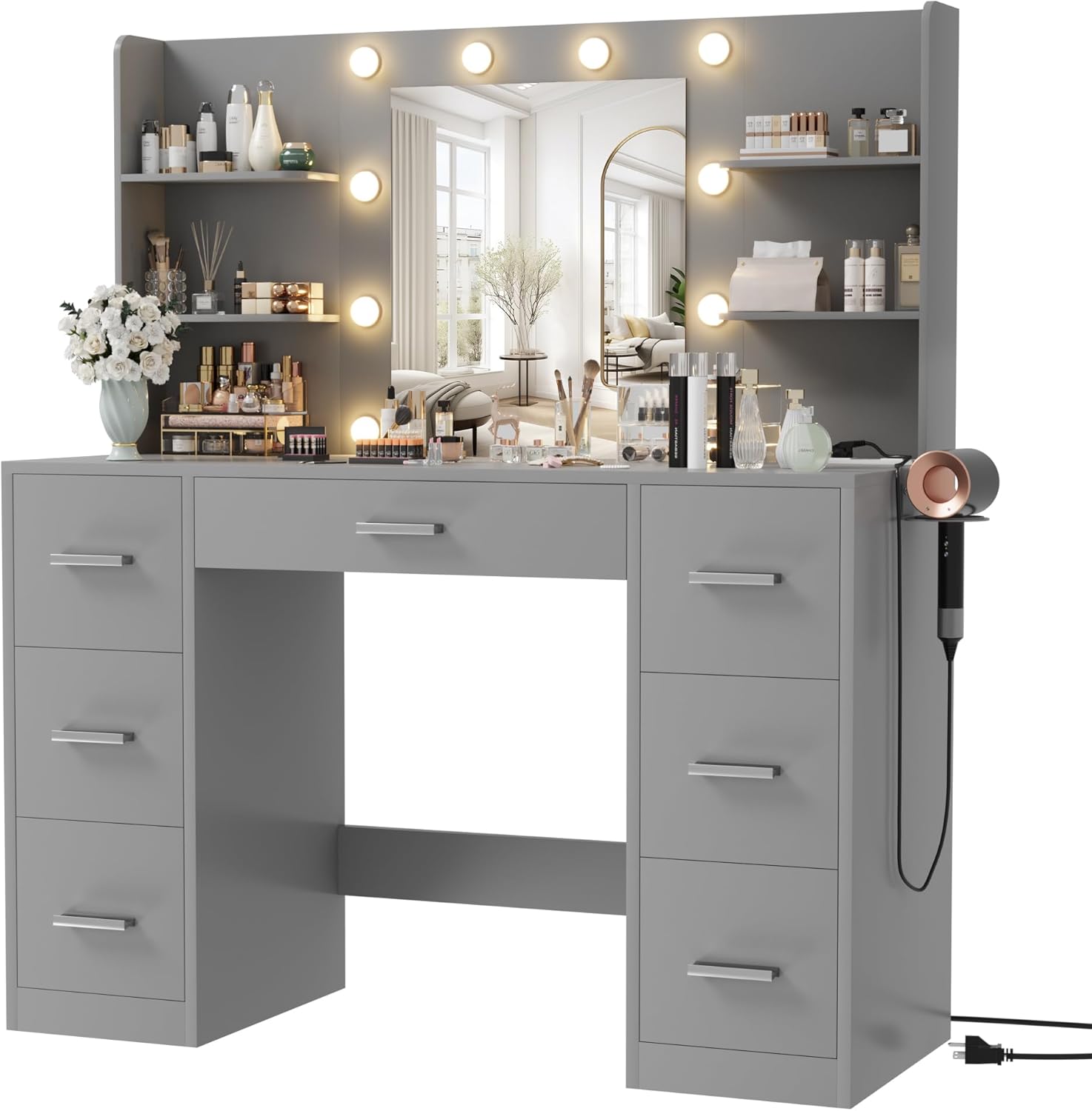 Furmax Vanity Desk with Mirror, LED Lights and Power Outlet Makeup ...