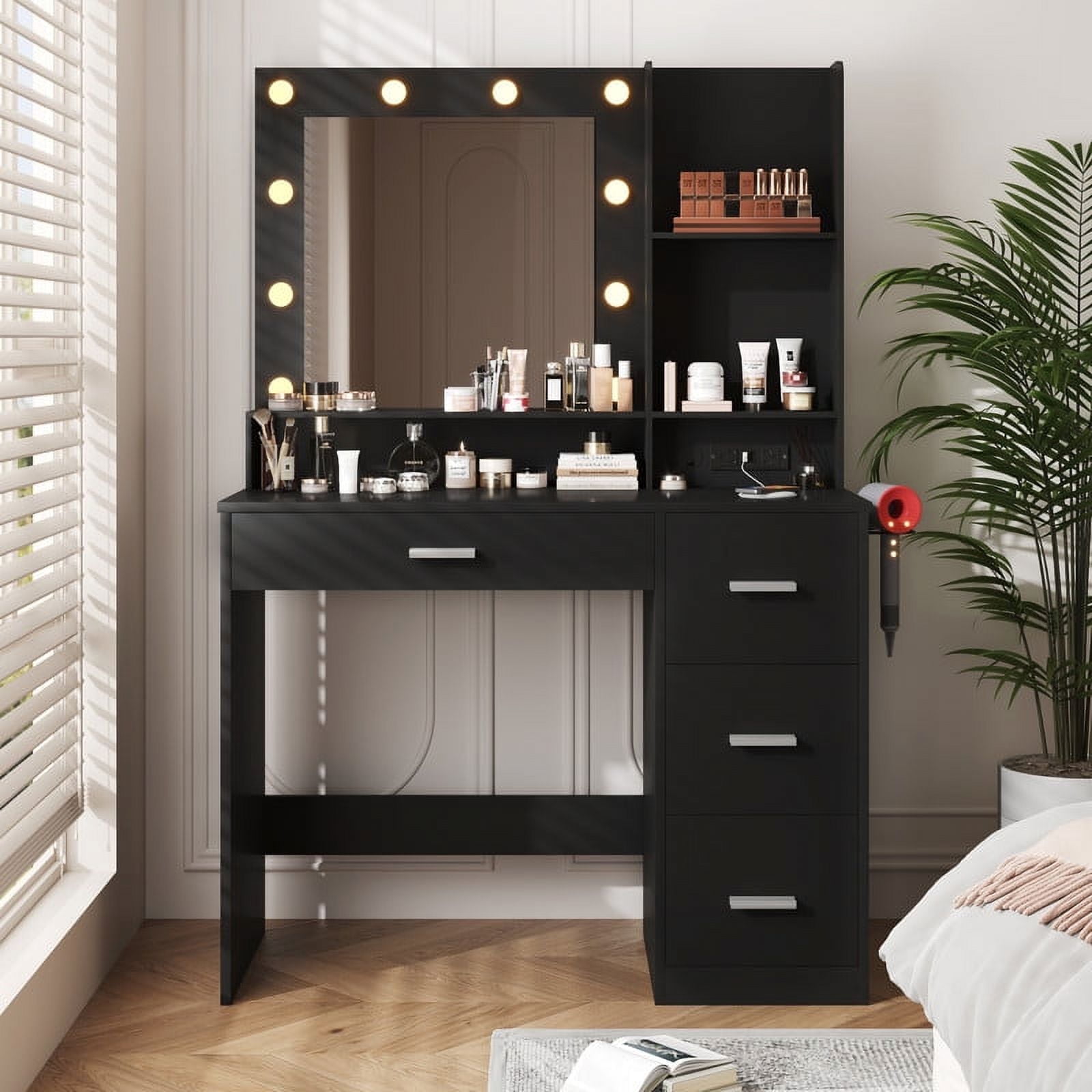 Furmax Bedroom Vanity Desk for Adults with LED Lights, Mirror, 4 ...