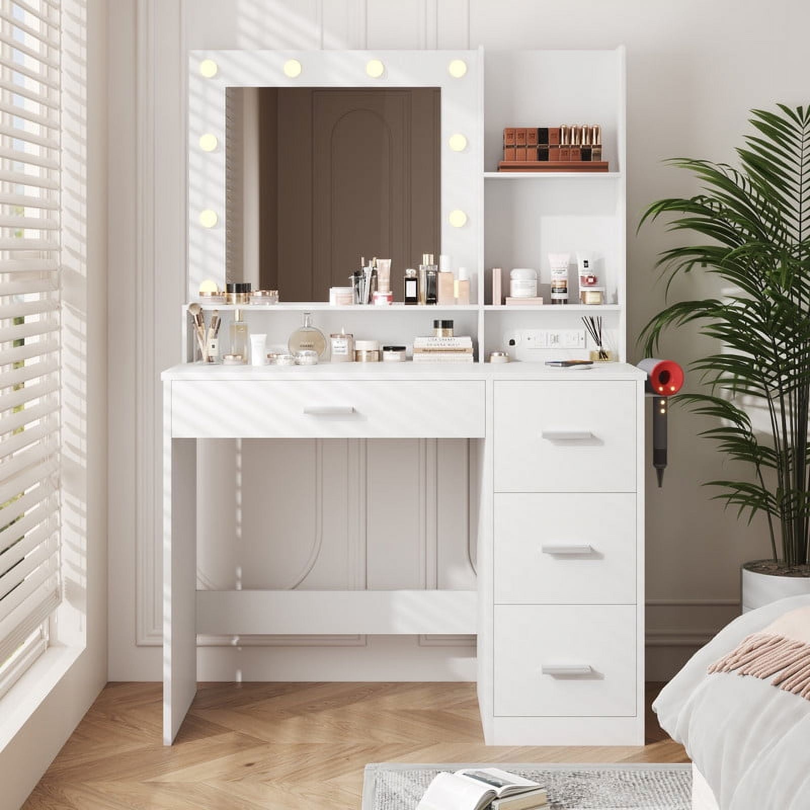 Furmax White Vanity Desk with Lights, Mirror & 4 Drawers - Bedroom ...