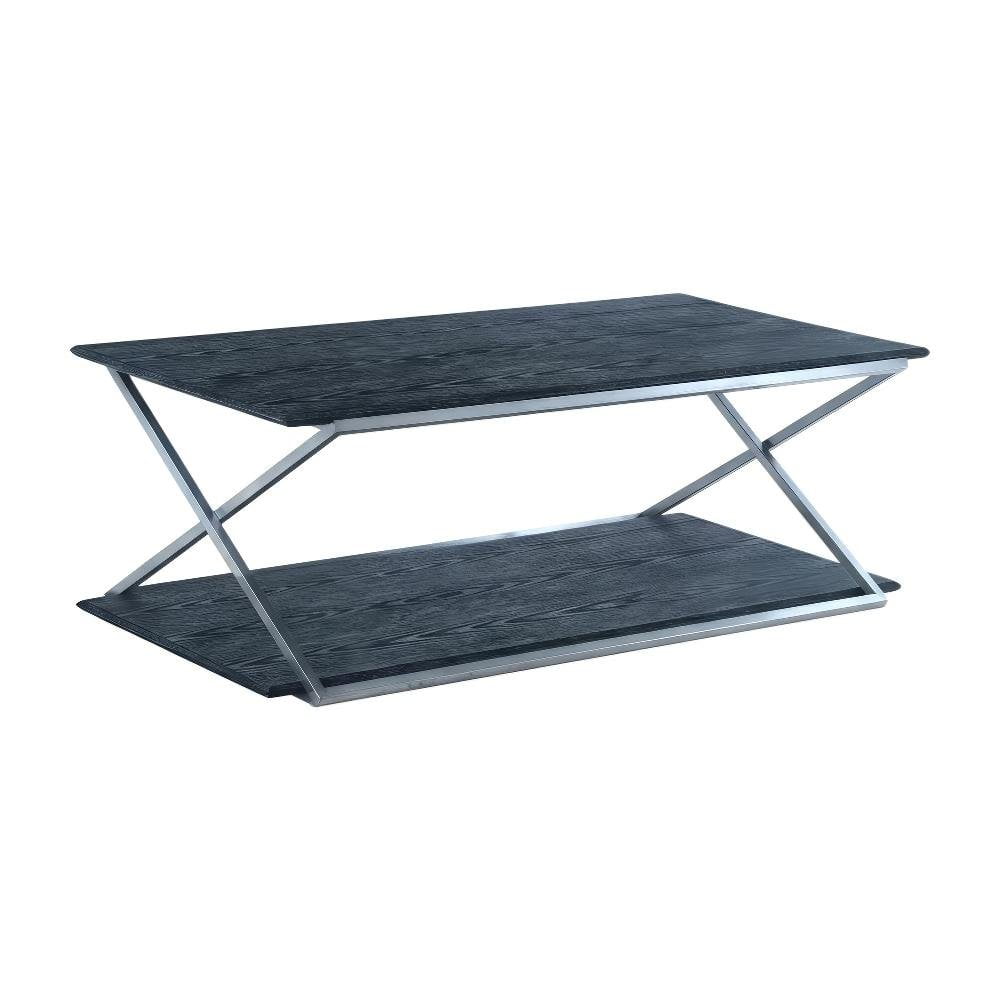 FurniFact Black Veneer Coffee Table with Brushed Stainless Steel Frame ...