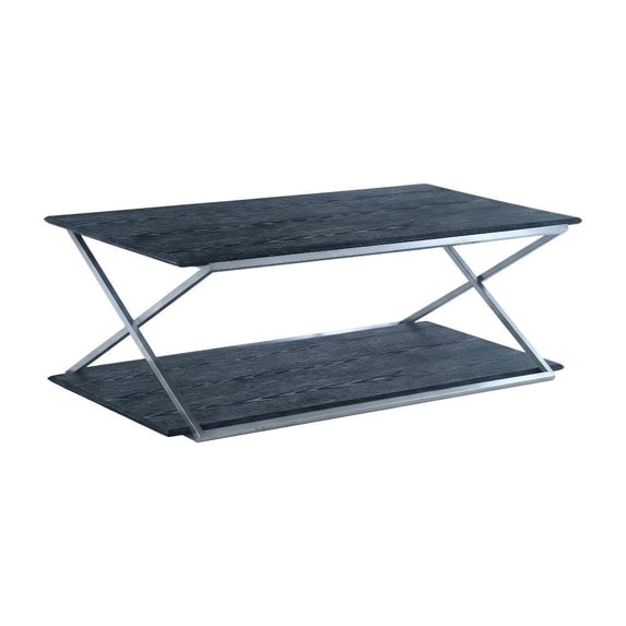 FurniFact Black Veneer Coffee Table with Brushed Stainless Steel Frame ...