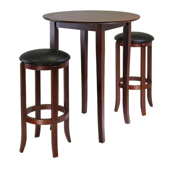 FurniFact Round High Table Set, Solid Wood, 2 Stools, Black Faux ...