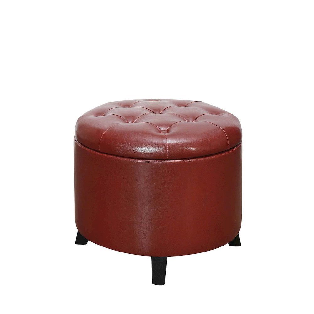 FurniFact Round Storage Ottoman Removable Lid, Red Faux Leather, Foam ...