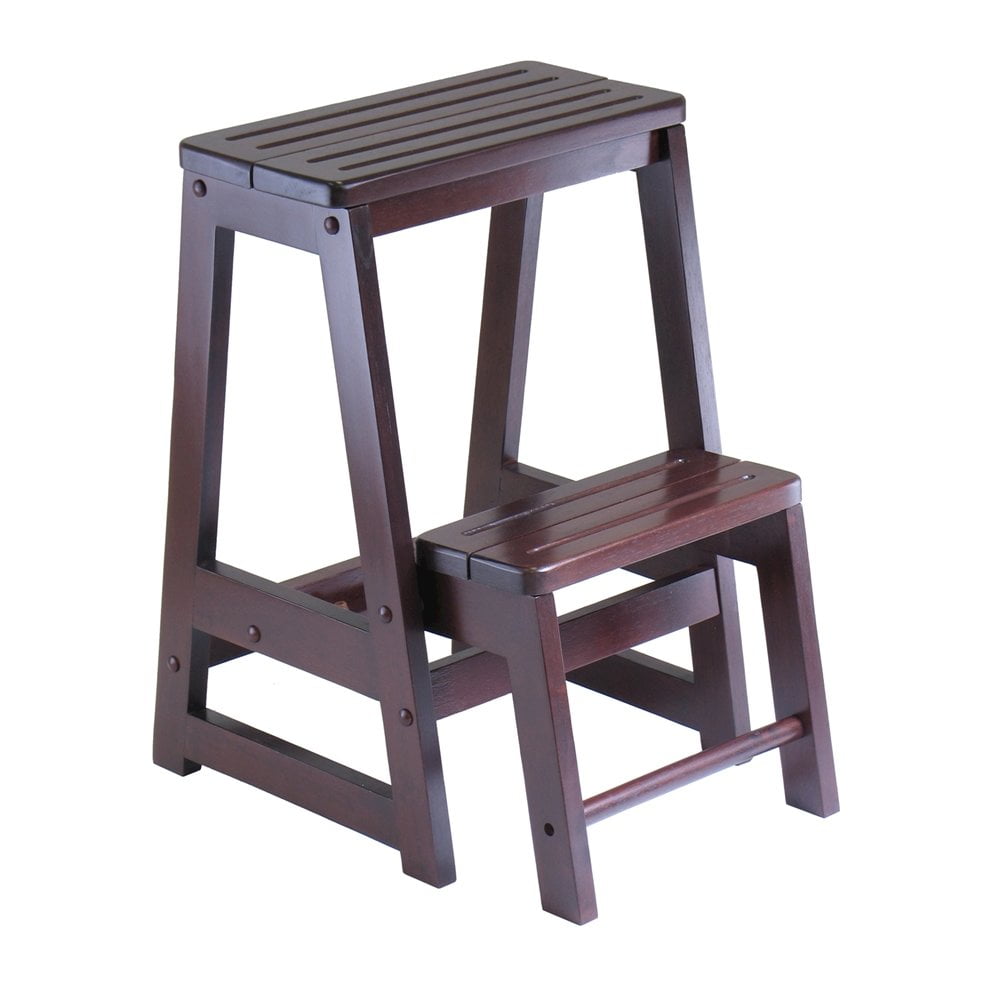 FurniFact Solid Wood Two-Step Stool, Foldable Lower Step, Sturdy, Brown ...
