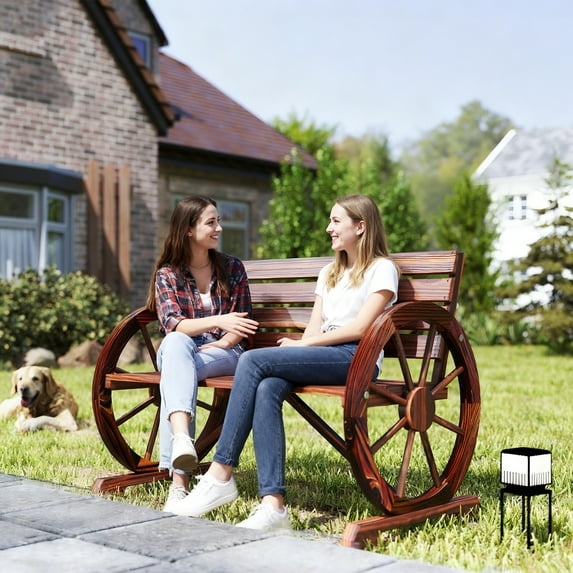 Furnibear 41" Wooden Wagon Wheel Bench, Rustic Outdoor Patio Weather ...