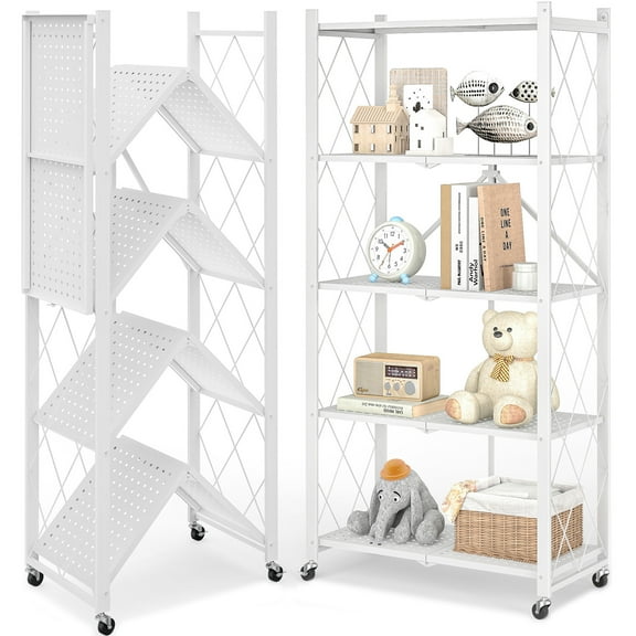 5-Tier Foldable Storage Shelves with Wheels, Folding Metal Rack ...