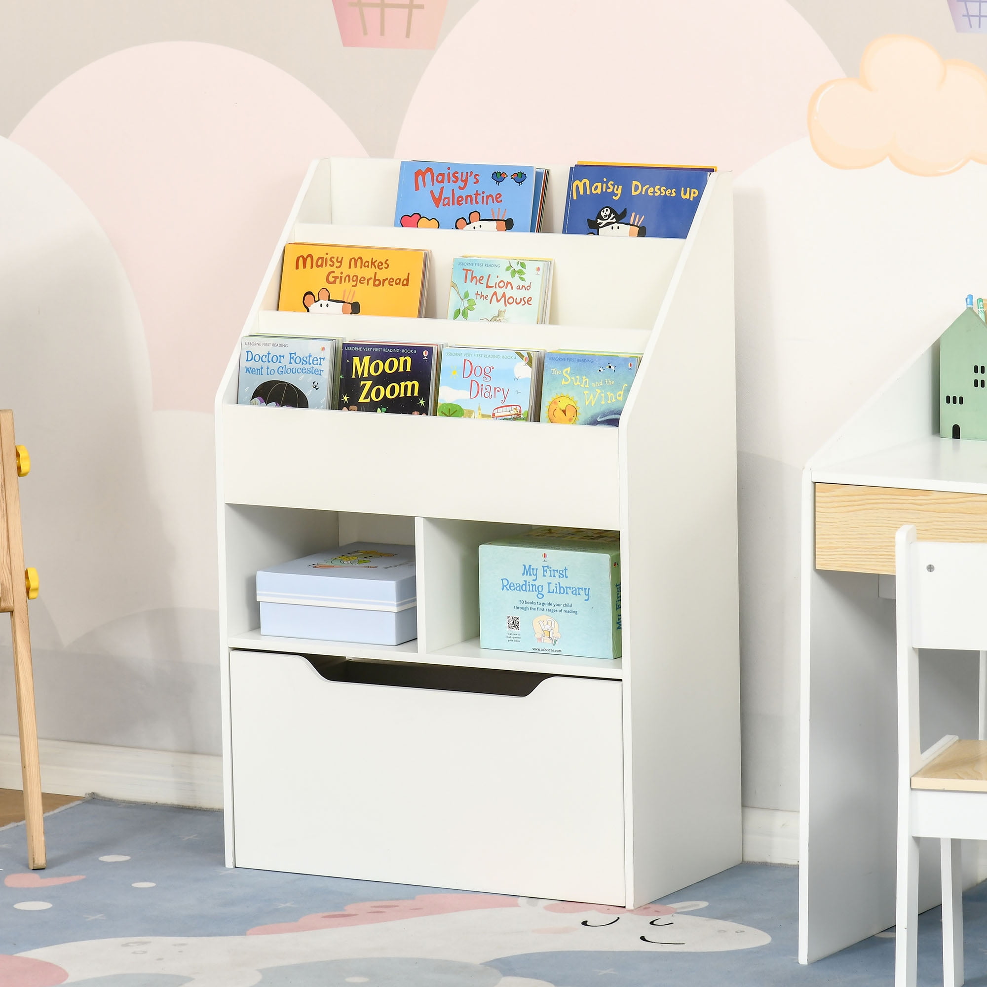 Furnibear Kids Bookcase Multi-Shelf Book Rack with Mobile Drawer for ...