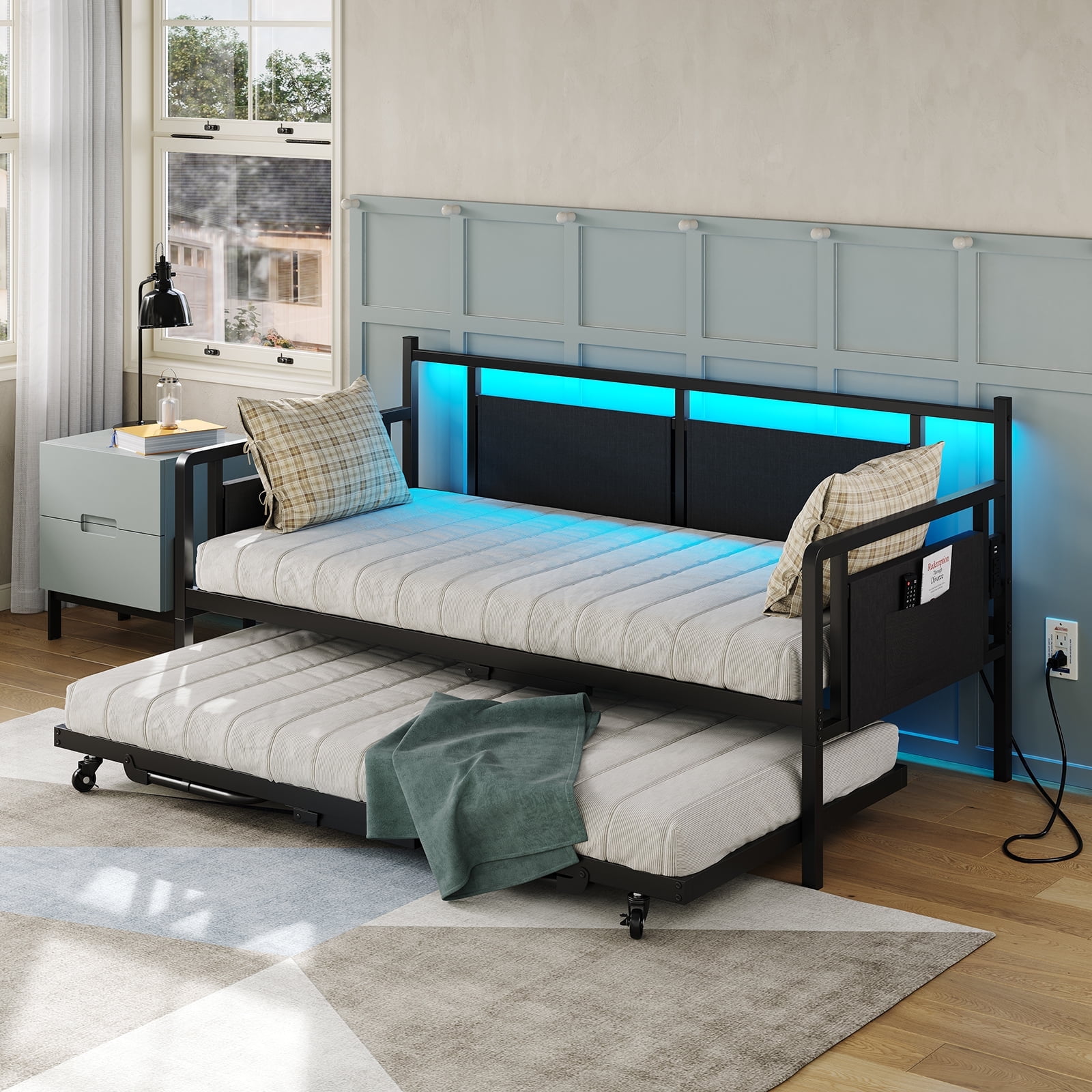 Furnihold Metal Twin Daybed with Charging Station and LED Lights, Daybed with Pop Up Trundle ...