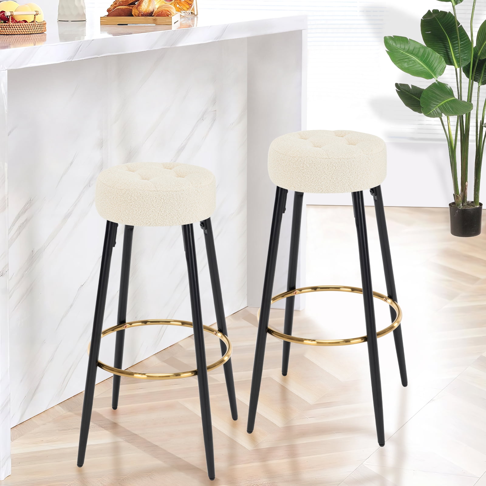 Furniliving 30" Height Faux Sherpa Backless Bar Stools Modern Barstools ...