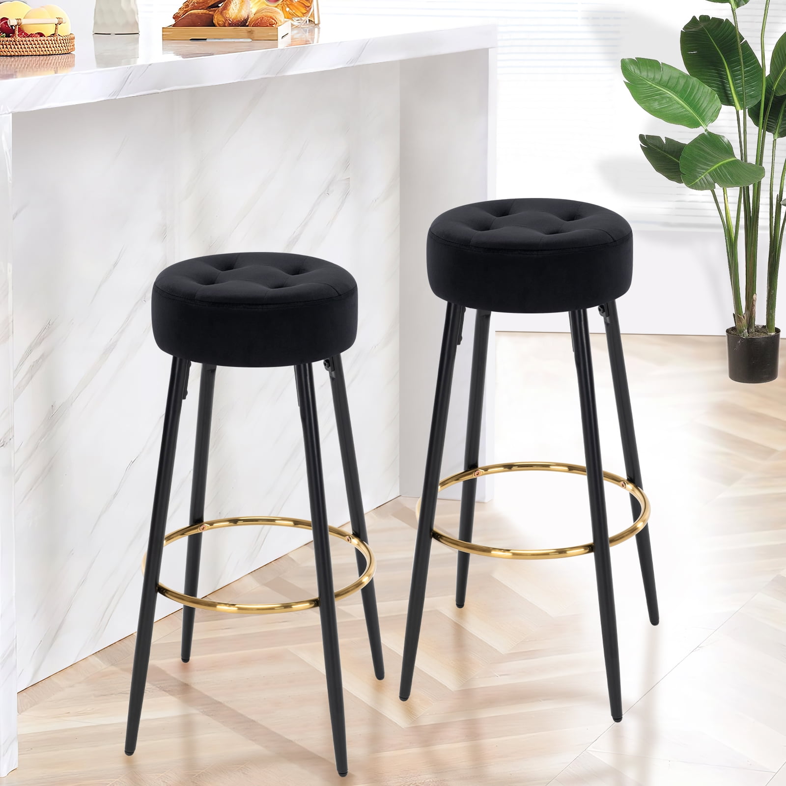 Furniliving Elegant 30" Round Velvet Black Bar Stools Set of 2 ...