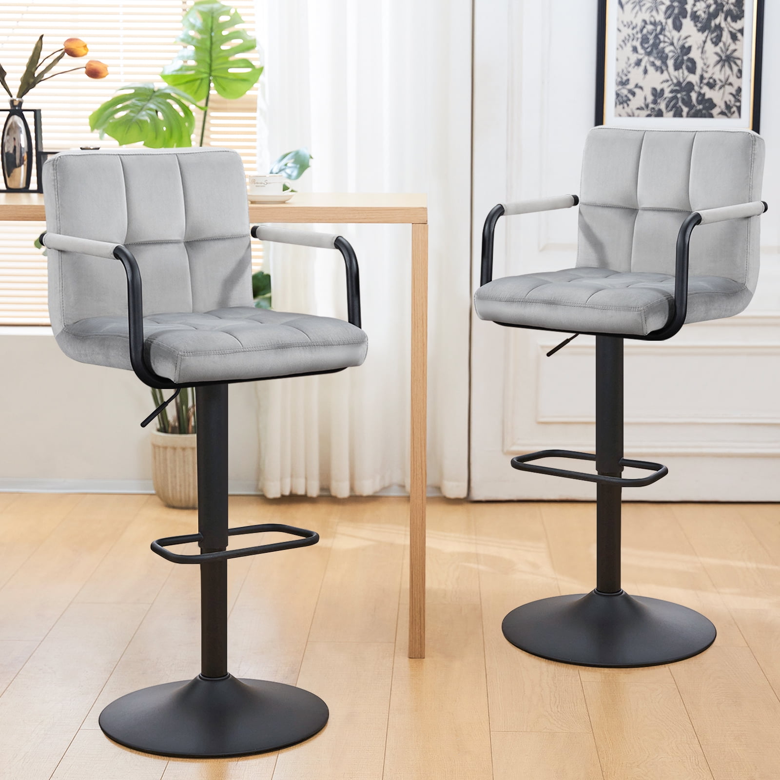 Furniliving 30 Height Swivel Barstool Adjustable Armrest Back Support Leather Kitchen Counter Stools Set of 2 Grey