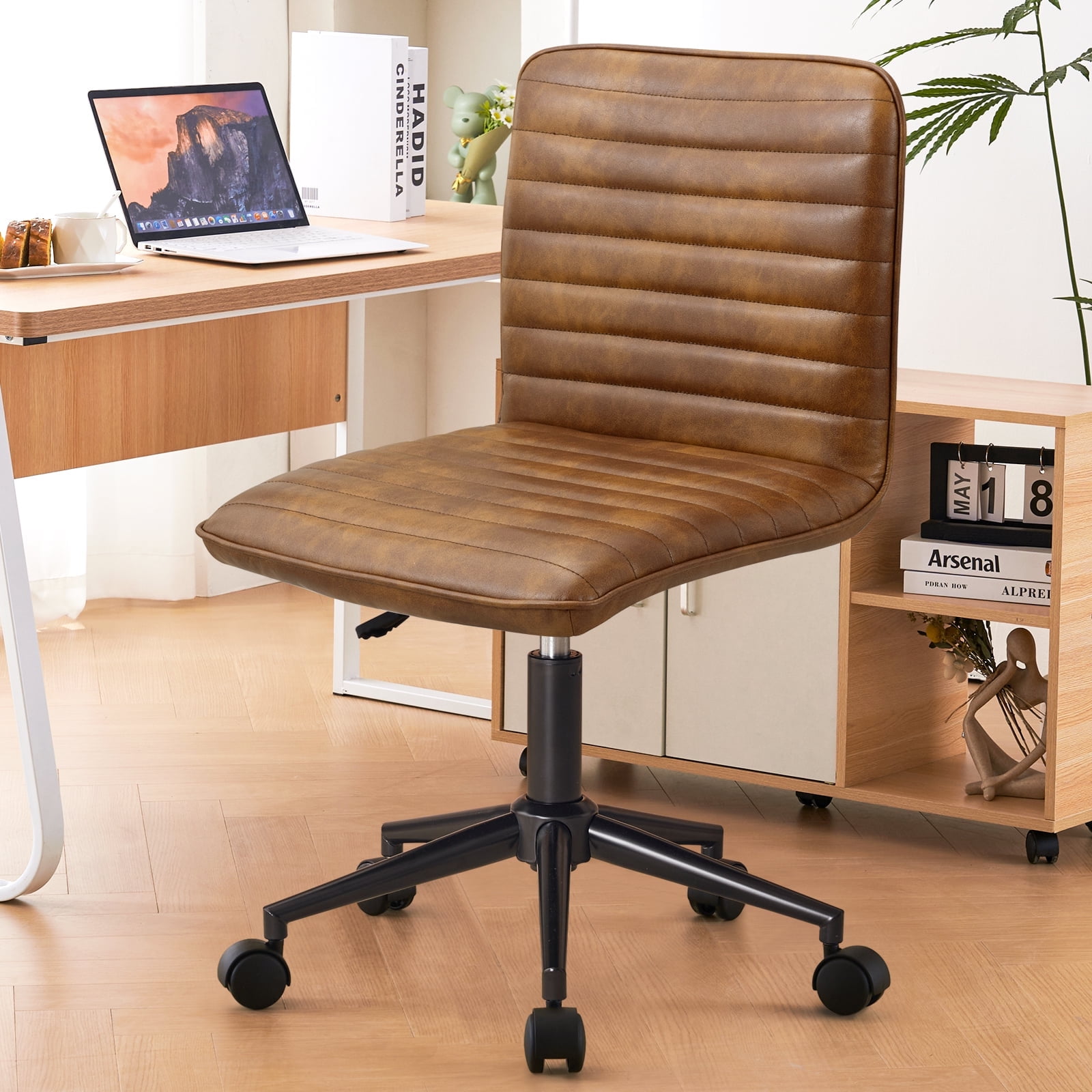 Furniliving Home Desk Armless Office Chair, Mid-Back Leather Task Chair ...