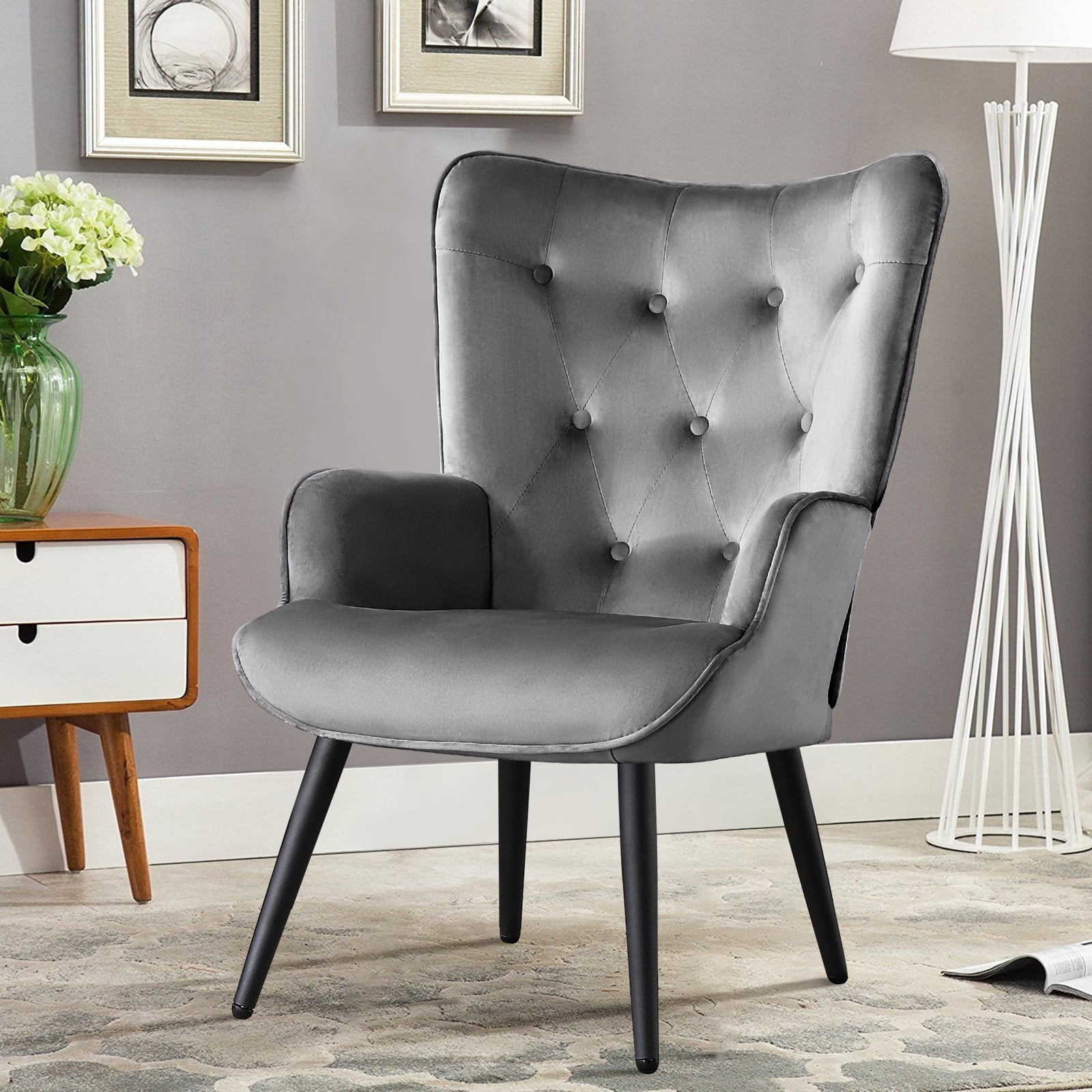 Furniliving Button-Tufted Wingback Chair Velvet Accent Chair,Grey ...