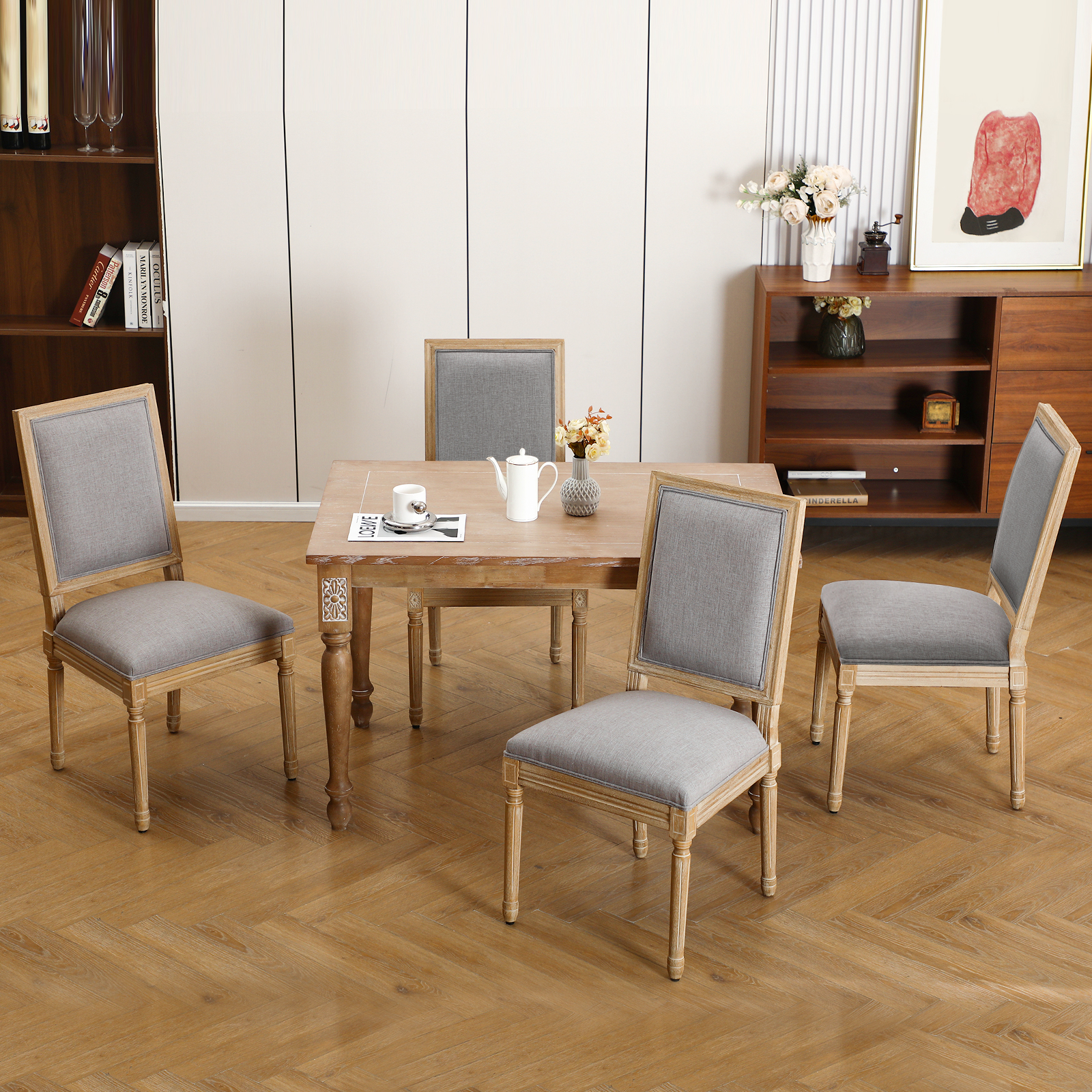 Furniliving Dining Chair Set of 4, Faux Linen Dining Room Chairs Rubber ...